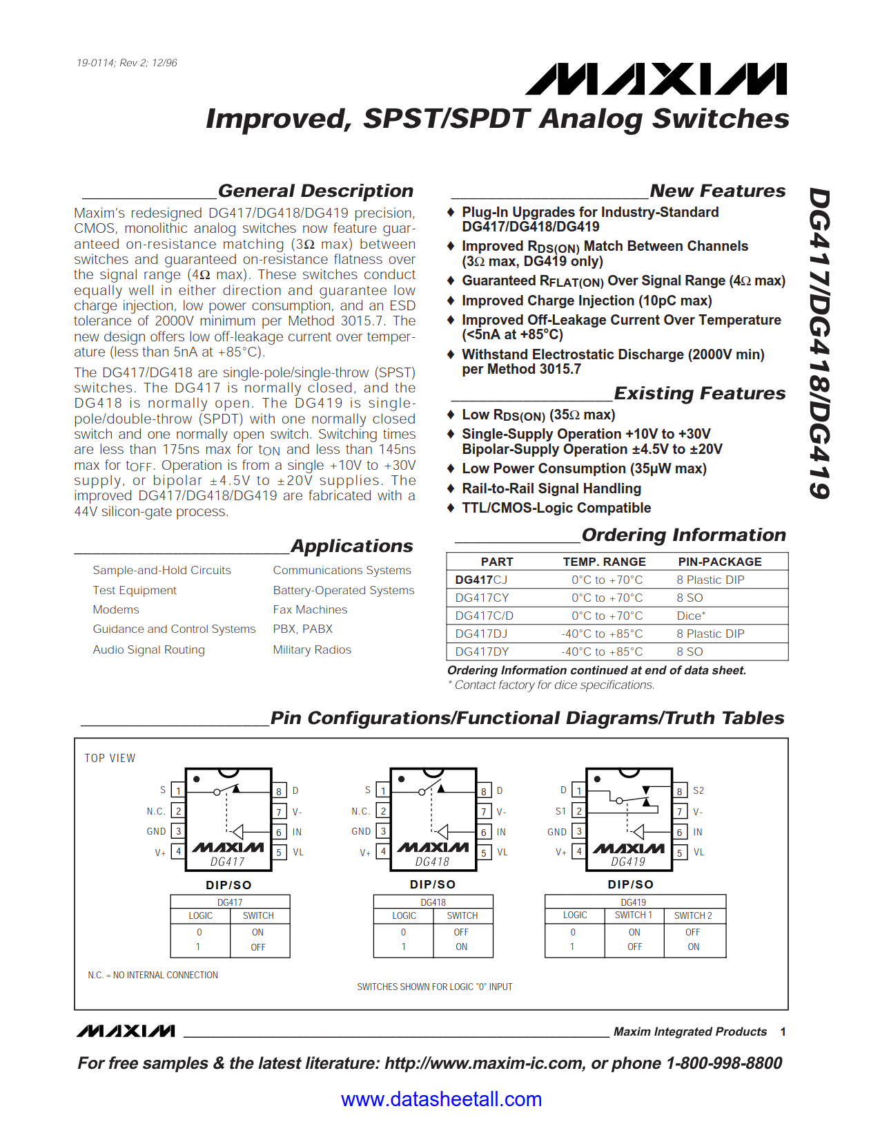 DG418 Datasheet PDF Download | All Parts Marking & In Stock ...